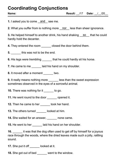 101 coordinating conjunctions pdf worksheets with answers grammarism