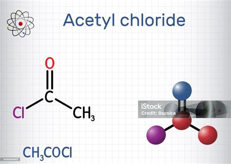 아세틸 클로라이드 분자 그것은 아실 클로라이드 아실 할라이드입니다 새장에 종이 한 장입니다 구조 화학식 분자 모델 벡터 0명에