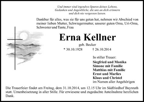 Traueranzeigen Von Erna Kellner Nordbayerischer Kurier