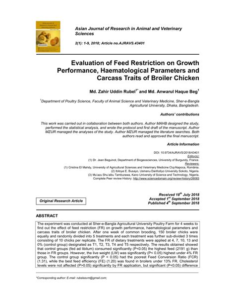 Pdf Evaluation Of Feed Restriction On Growth Performance Haematological Parameters And