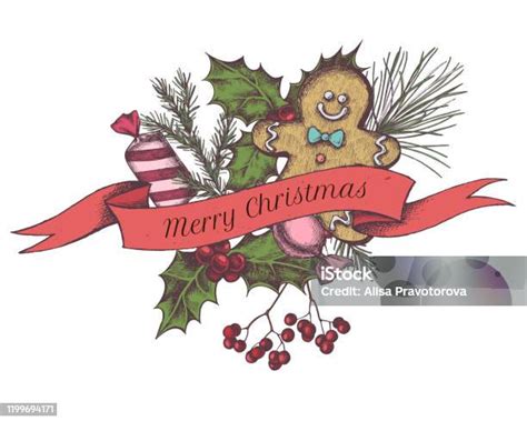 컬러 진저 브레드 남자 사탕 로완 호랑가시나무 소나무 가지 가문비 나무와 벡터 구성 0명에 대한 스톡 벡터 아트 및 기타 이미지 Istock