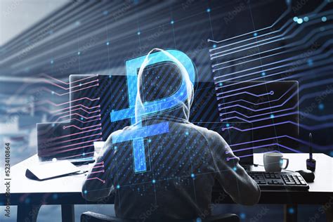 hacker at desktop using computers with creative glowing russian ruble
