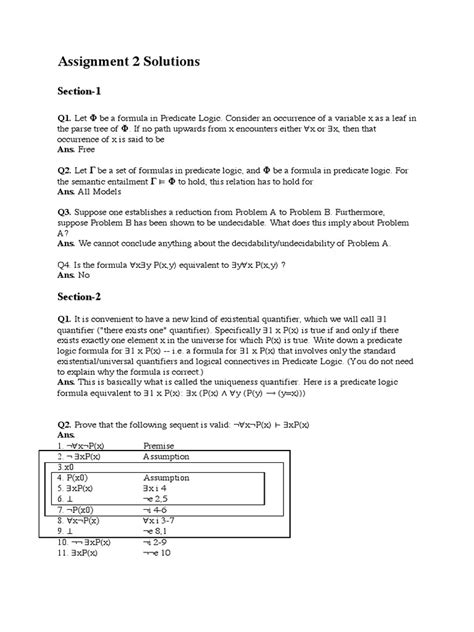 Assignment 2 Solutions Section 1 Pdf First Order Logic Logic