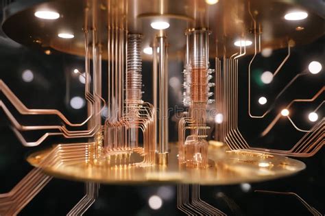 Close Up View Of Quantum Computer Processor With Intricate Wiring And Golden Components Close