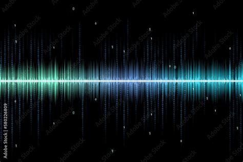 Abstract Blue Rhythmic Digital Sound Wave With Binary Code On Black Background Sound Waveform