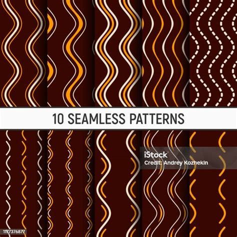 베이지색과 노란색 수직 물결 모양의 라인의 10 개의 원활한 기하학적 패턴 세트 갈색 배경에 부드러운 굴곡 0명에 대한 스톡 벡터 아트 및 기타 이미지 Istock