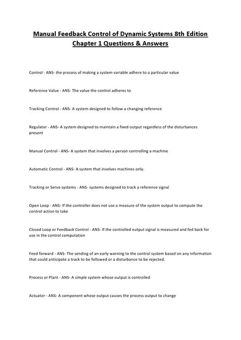 Manual Feedback Control Of Dynamic Systems 8th Edition Chapter 1
