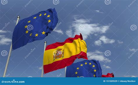 Πολλές σημαίες της Ισπανίας και της ΕΕ της Ευρωπαϊκής Ένωσης τρισδιάστατη απόδοση Απεικόνιση