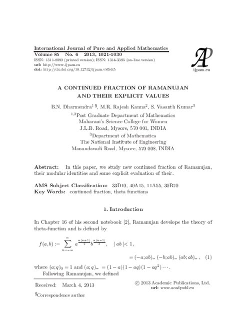 Pdf A Continued Fraction Of Ramanujan And Their Explicit Values