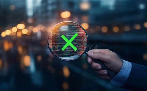 Businessman Holds Magnifying Glass Displaying Digital Error Symbol Symbolizing Scrutiny And