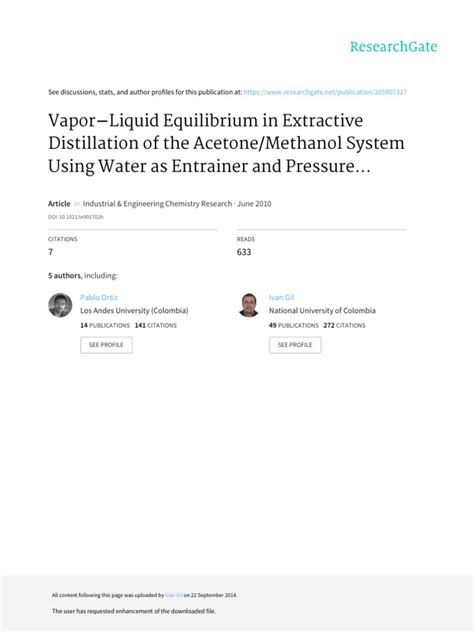 Vapor Liquid Equilibrium In Extractive Distillation Of The Acetonemethanol System Using Water