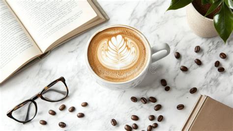 A Cozy Coffee Break With Latte Art Reading Glasses And An Open Book