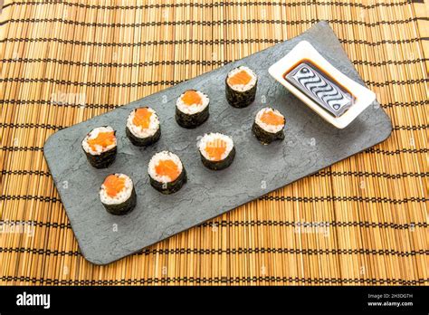 Norwegian Salmon Sushi Maki Roll With White Rice And Japanese Vinegar