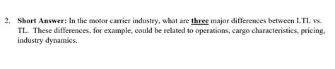 Solved Short Answer In The Motor Carrier Industry What Are