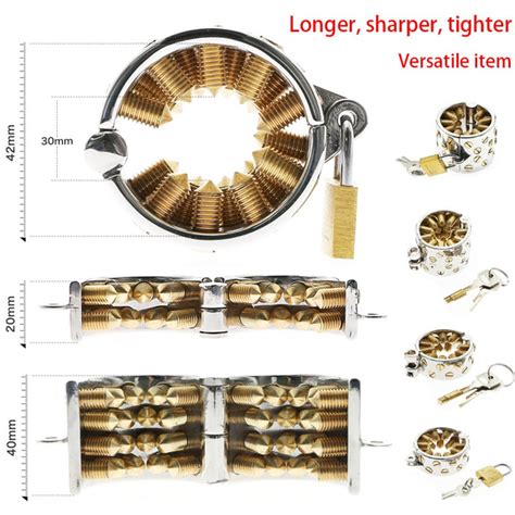 Stainless Steel 4 Rows Gold Spike Chastity Device Cock Ring Lock For