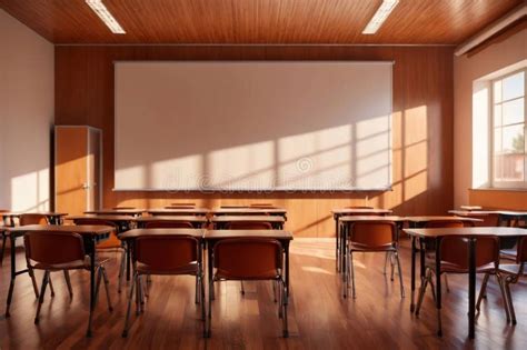 Empty Modern Classroom With Blank Whiteboard Bright Sunny Education