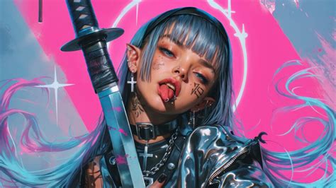 Anime Girl Katana Tongue Out K J Wallpaper Iphone Phone