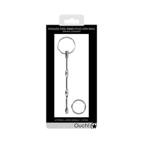 Ouch Urethral Sounding Stainless Steel Ribbed Plug With Ring 8mm ☠️
