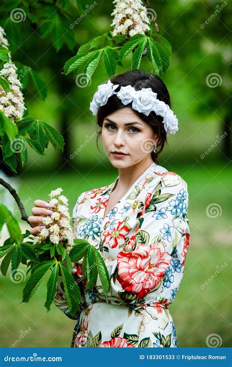 Close Up Portrait Of Young Beautiful Russian Brunette Girl At Summer