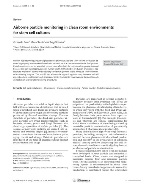 Airborne Particle Monitoring In Clean Room Environments For Stem Cell Cultures Pdf