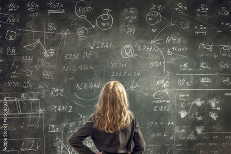 Student Girl Solving A Complex Mathematical Equation On A Giant Chalkboard With Mathematical