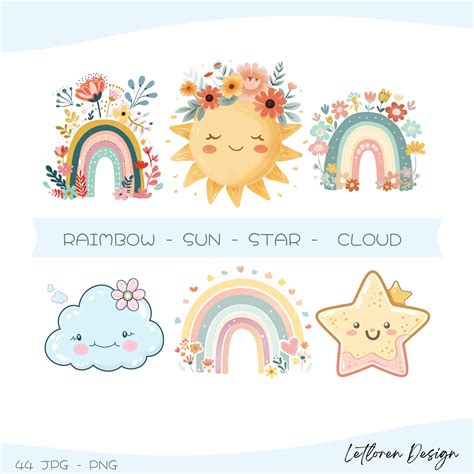 50 Rainbow Sun Cloud Star Clipart Bundle 6 Bonus Stickers High