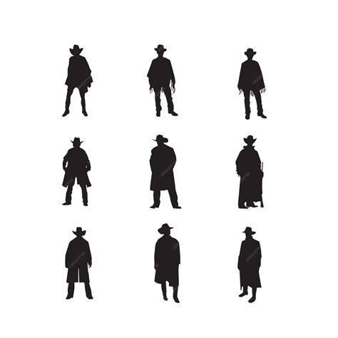 Coleção De Silhueta De Caubói Com Capa Em Pé Vetor Premium