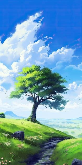 Premium Photo A Tree On The Grass With The Sky In The Background