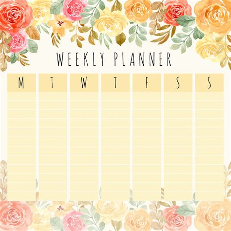 Planificador Semanal Con Acuarela Floral Vector Premium