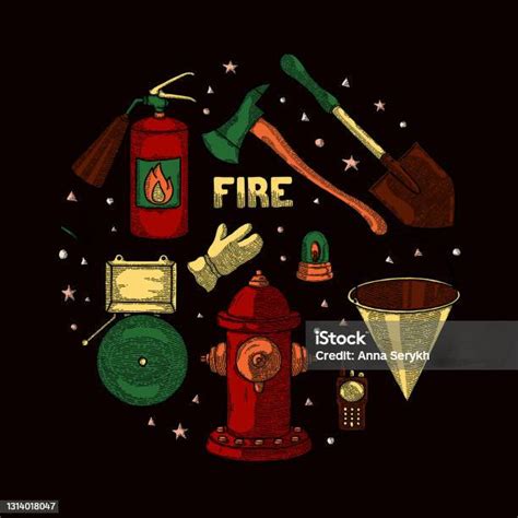 소방관 도구 벡터 일러스트의 소방 빈티지 세트 구조 장비 가 격리되었습니다 소화기 장갑 삽 양동이 도끼 소화전 알람 라디오 원에서 격리된 요소의 컬렉션 개인 장식품에 대한
