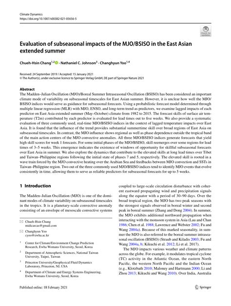 Pdf Evaluation Of Subseasonal Impacts Of The Mjobsiso In The East Asian Extended Summer