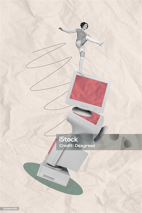 트렌드 이미지 세로 사진 콜라주 행복 소녀 댄스 Pc 모니터 스택 경력 개발 고장 장치 그것 전문가 문제 25 29세에 대한 스톡 사진 및 기타 이미지 Istock