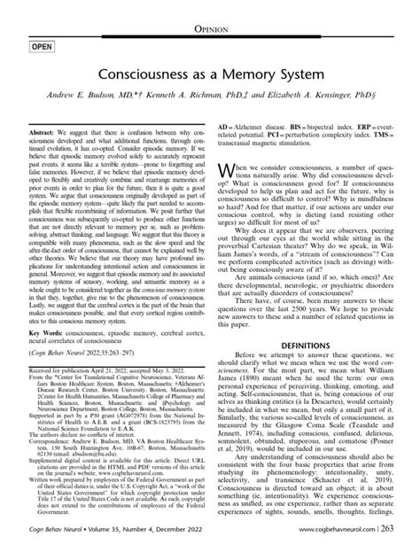 Consciousness As A Memory System5 Pdf Consciousness Memory