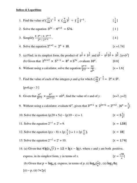 Indices And Logarithms Pdf Logarithm Equations