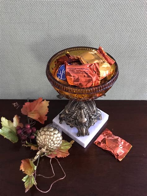 Hollywood Regency Candy Dish Pressed Amber Glass Candy Dish On Marble