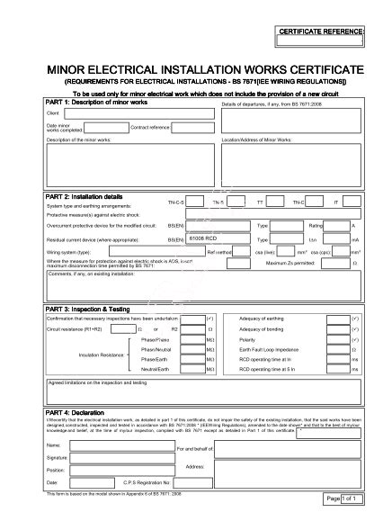 Electrical Minor Works Certificate Template