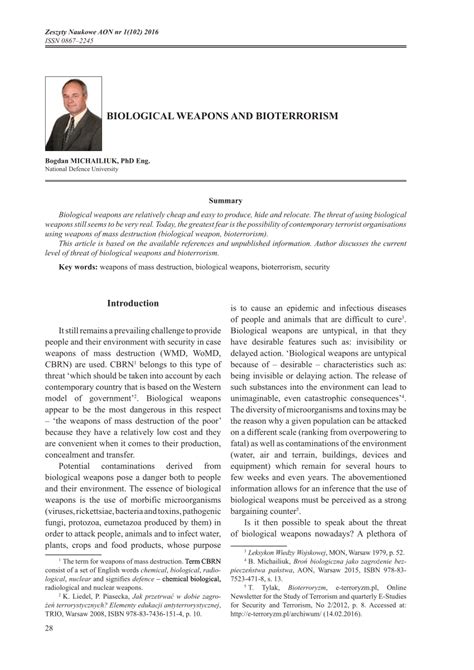 Pdf Biological Weapons And Bioterrorism