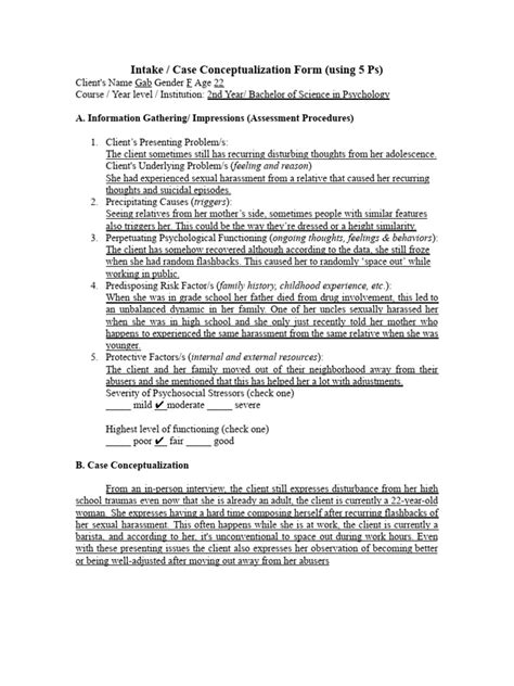 Case Conceptualization Intake Form 5ps Pdf Counseling Psychology Psychological Concepts