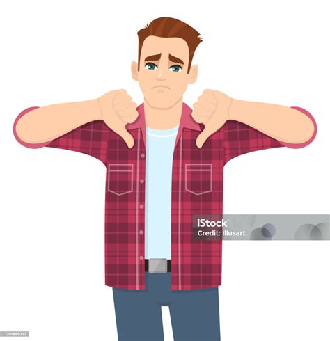좌절 한 젊은 남자 표시 엄지 손가락 아래로 기호 손으로 싫어 나쁜 또는 부정적인 제스처를 만드는 세련된 사람 트렌디 한 남성 캐릭터 디자인 일러스트 벡터 만화의 현대적인