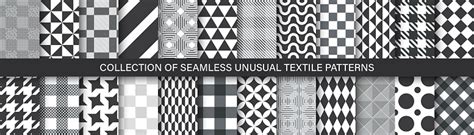 벡터 흑백 원활한 패턴 모음입니다 간단한 기하학적 질감 반복 가능한 직물 배경 모노크롬 특이한 디자인 트렌디한 패브릭 프린트 반복에 대한 스톡 벡터 아트 및 기타 이미지