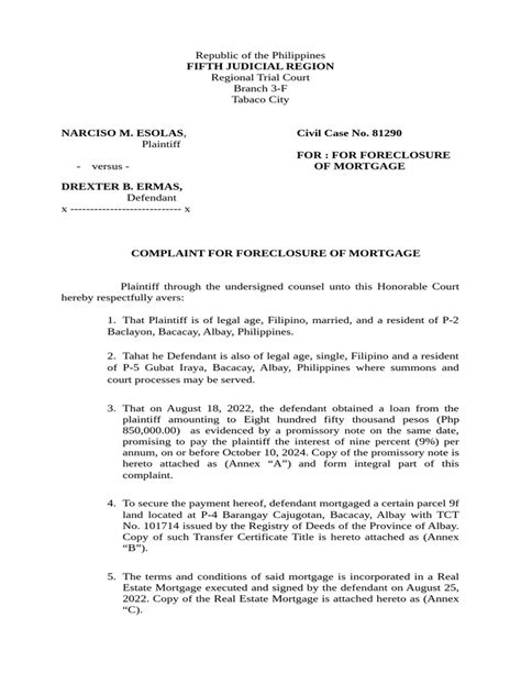 Complaint For Foreclosure Of Mortgage Pdf Lawsuit Foreclosure