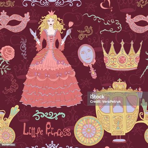 레드에 공주와 로얄 액세서리와 함께 완벽 한 화려한 배경 공주에 대한 스톡 벡터 아트 및 기타 이미지 공주 일러스트레이션 개인 장식품 Istock