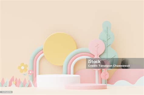 추상 자연의 파스텔 꽃 잎 나무 식물과 연단 스탠드 플랫폼 귀여운 만화 자연 풍경 배경 최소한의 디자인으로 봄 다채로운 식물의 장면 3d 렌더링 0명에 대한 스톡 사진 및
