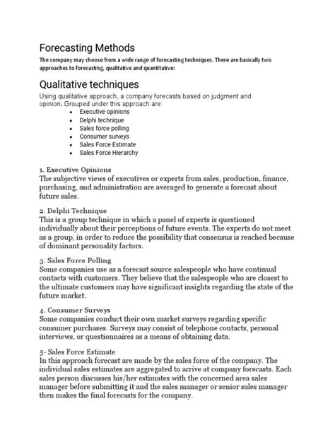 Forecasting Techniques Qualitative Techniques Pdf Forecasting Sales