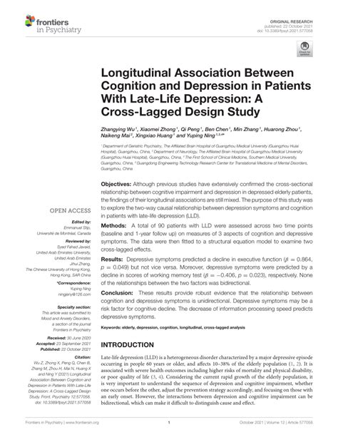 Pdf Longitudinal Association Between Cognition And Depression In Patients With Late Life