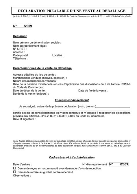 Déclaration Préalable Dune Vente Au Déballage Doc Pdf Page 1 Sur 2