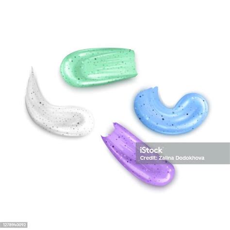 화려한 화장품 스크럽 얼룩은 흰색 배경에 고립 설정 크림 또는 젤 브러쉬 스트로크 튜브 패키지 디자인 사실 3d 벡터 일러스트와 얼굴 관리를위한 미용 화장품 필링 제품 3