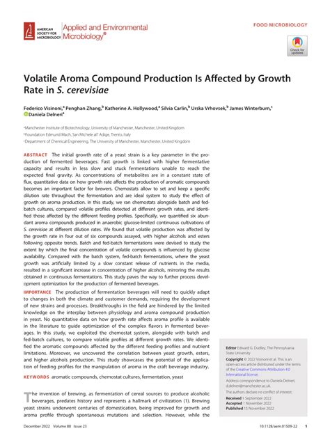 PDF Volatile Aroma Compound Production Is Affected By Growth Rate In S Cerevisiae