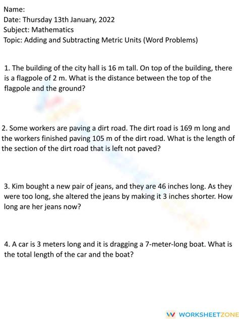 Addition Subtraction With Metric Units Worksheet