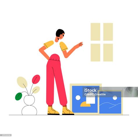 여성 캐릭터 배열 프레임 인테리어 디자인 창의성 및 가정 장식을 상징하는 평면 벡터 일러스트 레이 션 흰색 배경에 고립되어 있습니다 Diy에 대한 스톡 벡터 아트 및 기타